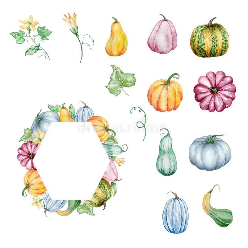 Watercolor Autumn Frame with Pumpkins and Fall Leaves Stock ...