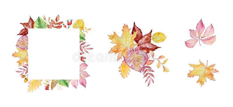 Watercolor Autumn Frames Set with Pumpkins and Fall Leaves Stock Image ...