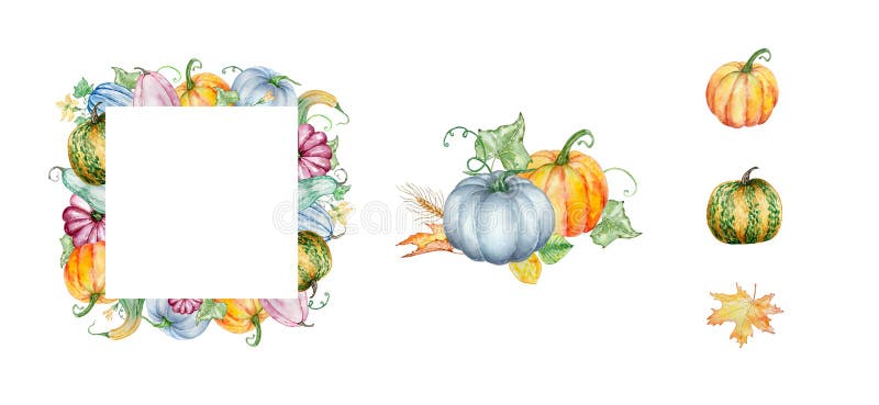 Watercolor Autumn Frames Set with Pumpkins and Fall Leaves Stock ...