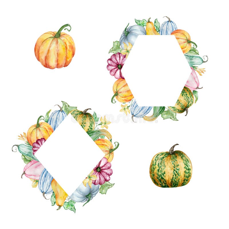Watercolor Autumn Frames Set with Pumpkins and Fall Leaves Stock Image ...