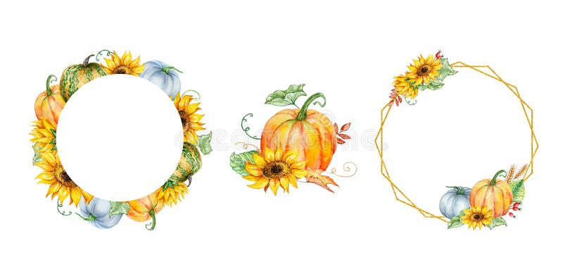 Watercolor Autumn Frames Set with Pumpkins and Fall Leaves Stock Image ...