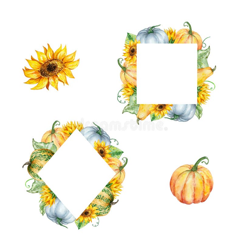 Watercolor Autumn Frames Set with Pumpkins and Fall Leaves Stock Photo ...