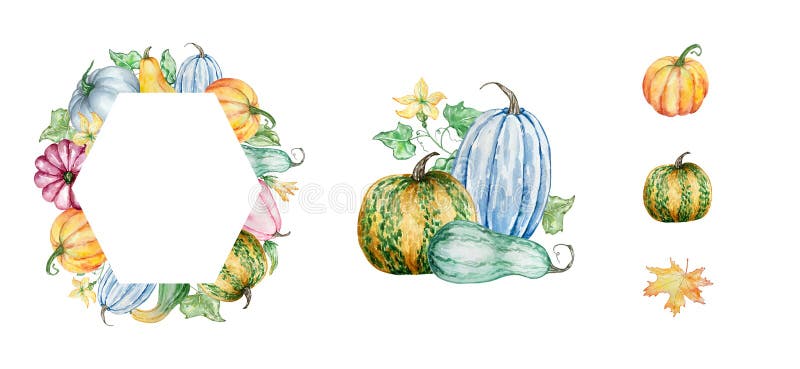 Watercolor Autumn Frames Set with Pumpkins and Fall Leaves Stock Image ...