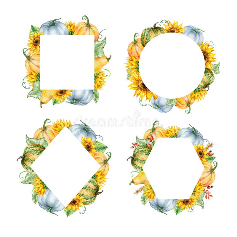 Watercolor Autumn Frames Set with Pumpkins and Fall Leaves Stock Image ...