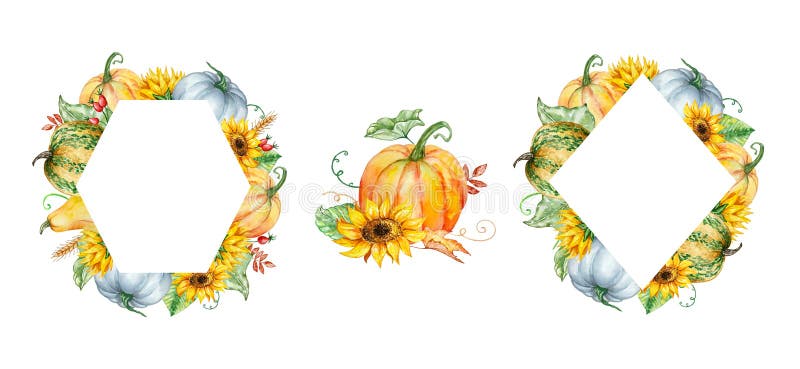 Watercolor Autumn Frames Set with Pumpkins and Fall Leaves Stock Photo ...