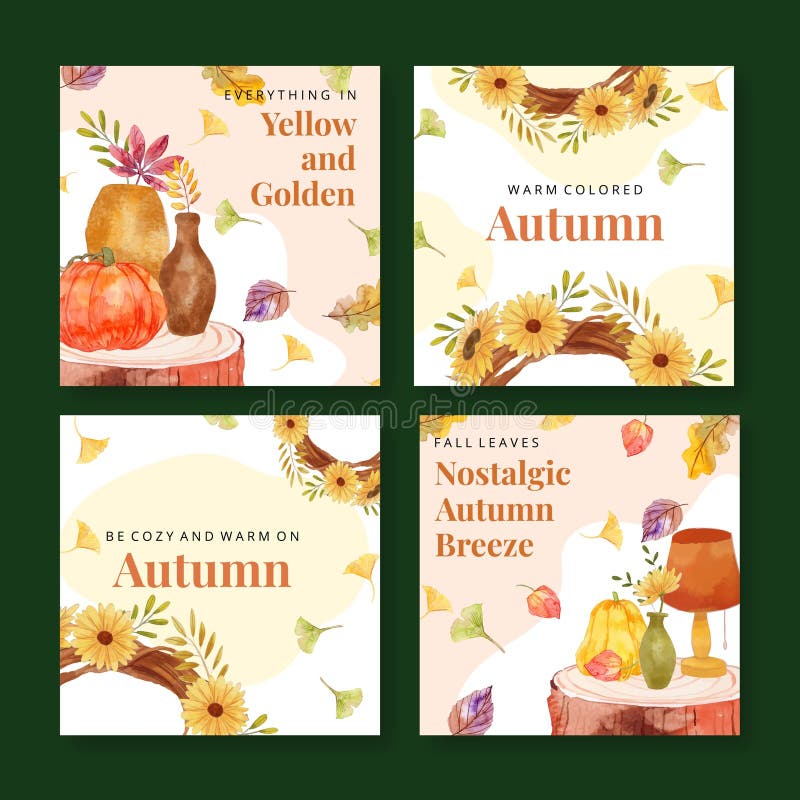 Watercolor Autumn Instagram Posts Collection Vector Illustration Stock ...