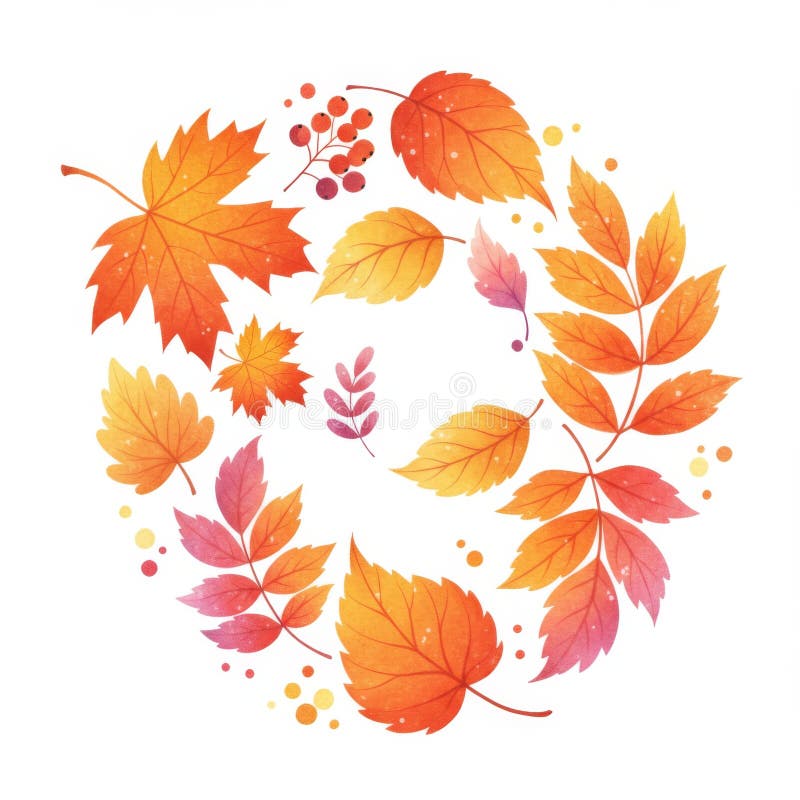 Watercolor Autumn Leaves Circle Design Stock Illustration ...
