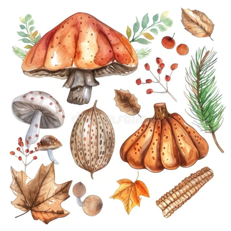 Watercolor Autumn Leaves And Mushrooms Nature Inspired Botanical