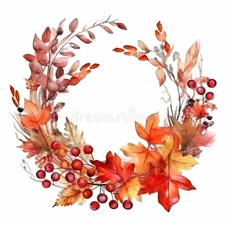 Watercolor Autumn Wreath Isolated Illustration Ai Generative Stock