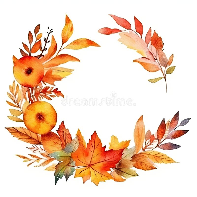 Watercolor Autumn Wreath Isolated Illustration Ai Generative Stock