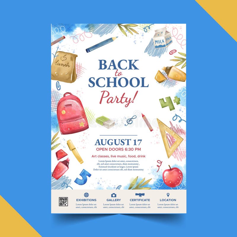 Watercolor Back School Party Poster Template Vector Design Illustration ...