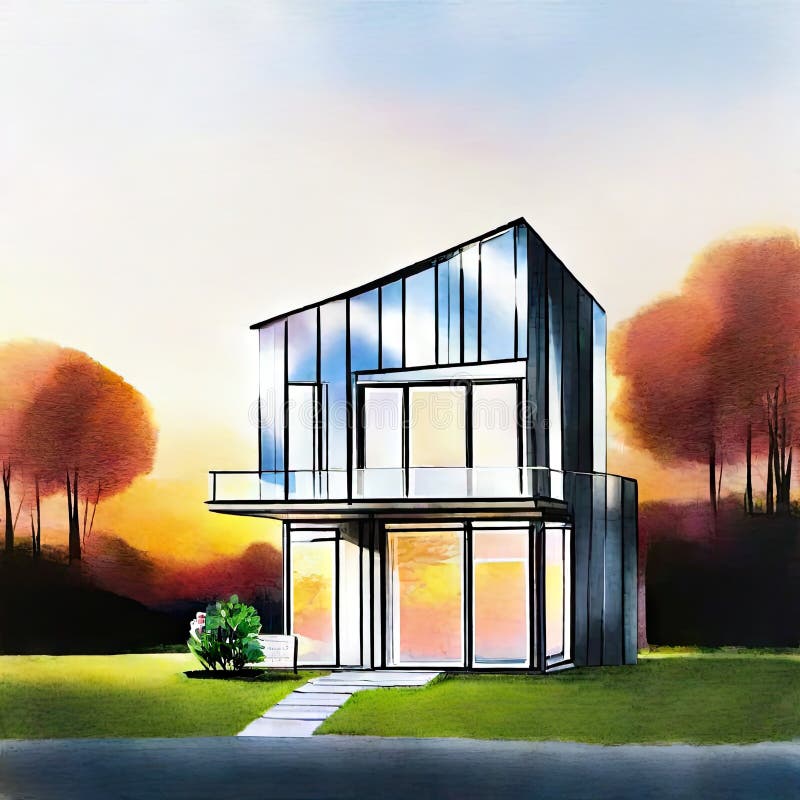 Watercolor of Back View of Standing and Looking at Modern House with ...