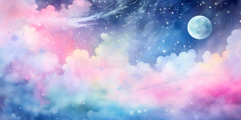 Watercolor Background with a Celestial Theme, Featuring the Moon, Stars ...