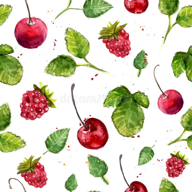 Watercolor Background with Cherry, Raspberry and Leaves. Seamless ...
