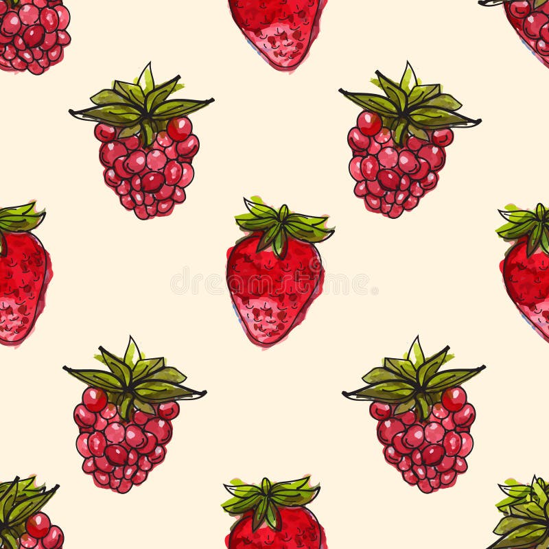 Watercolor Background with Cherry, Raspberry and Leaves. Seamless ...