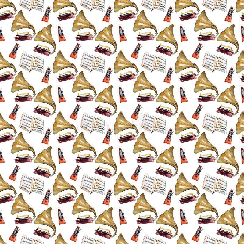 Watercolor Seamless Pattern with Retro Musical Instruments Stock ...