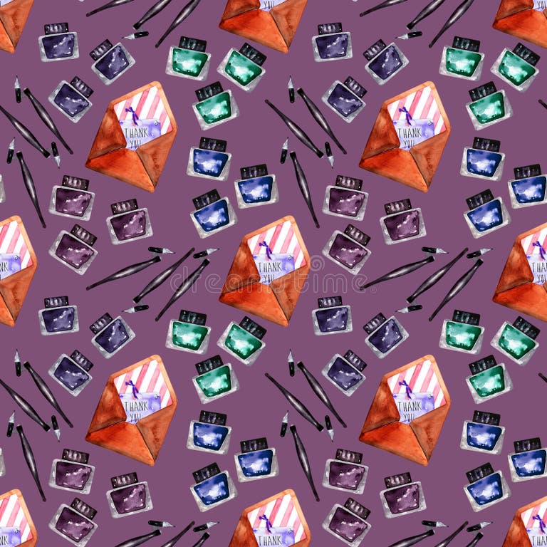 Watercolor Seamless Pattern with Various Objects of Calligraphy Stock ...