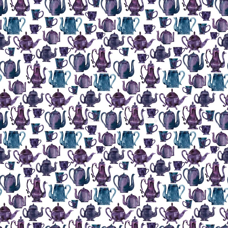 Watercolor Seamless Pattern with Various Stylized Teapots and Cups Stock Illustration ...