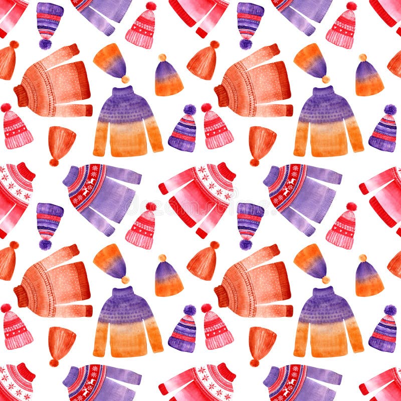 Watercolor Seamless Pattern with Winter Sweaters, Hats and Mittens ...