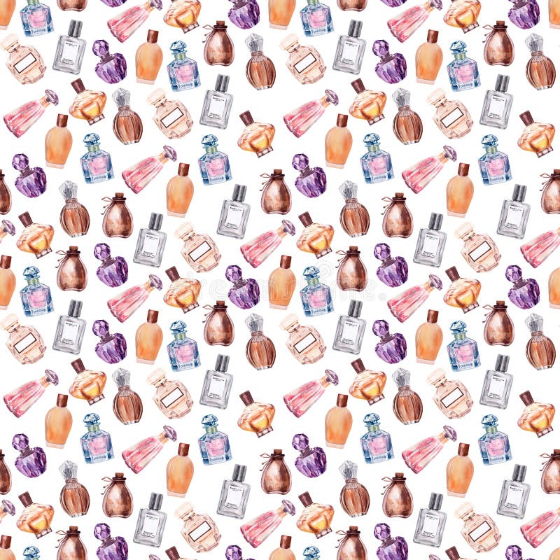 Watercolor Seamless Pattern with Various Perfume Bottles and Cosmetics ...