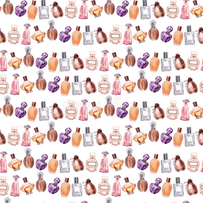 Watercolor Seamless Pattern with Various Perfume Bottles and Cosmetics ...