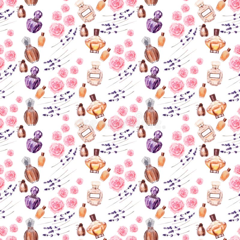 Watercolor Seamless Pattern with Various Perfume Bottles and Cosmetics ...