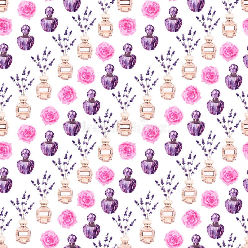 Watercolor Seamless Pattern with Various Perfume Bottles and Cosmetics ...