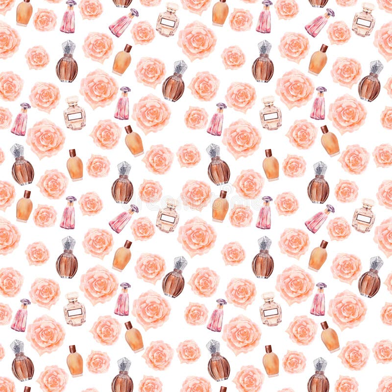 Watercolor Seamless Pattern with Various Perfume Bottles and Cosmetics ...