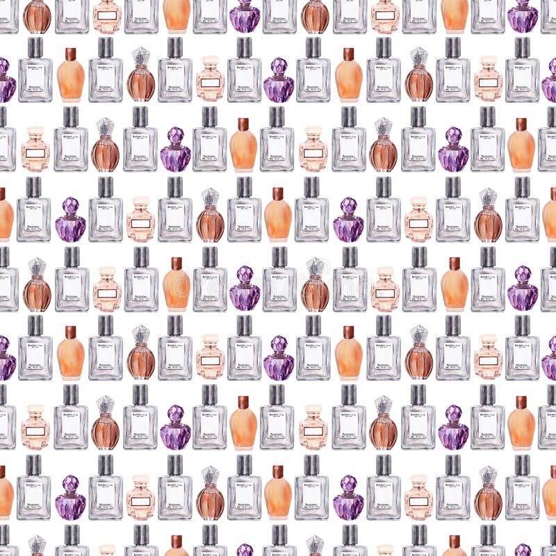 Watercolor Seamless Pattern with Various Perfume Bottles and Cosmetics ...