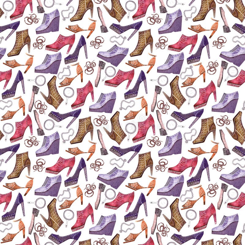 Watercolor Seamless Pattern with Stylized Seasonal Shoes and ...