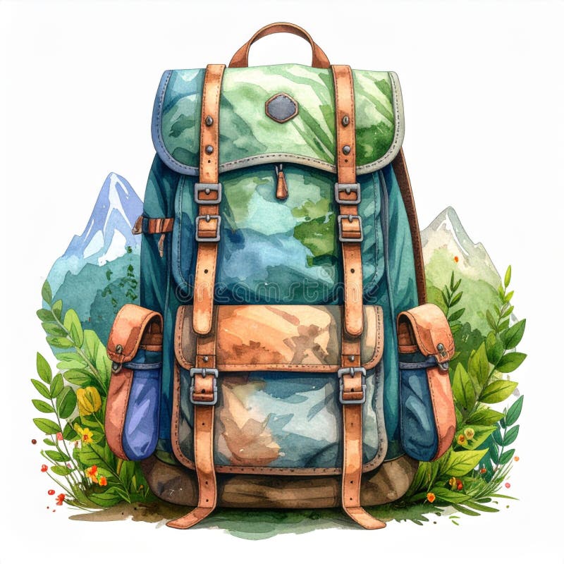 Watercolor Backpack Illustration with Mountain Landscape Stock ...