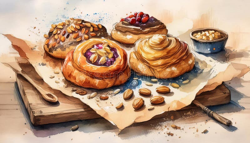 Watercolor Bakery Scene with Pastries and Grains, Evoking Rustic Warmth ...