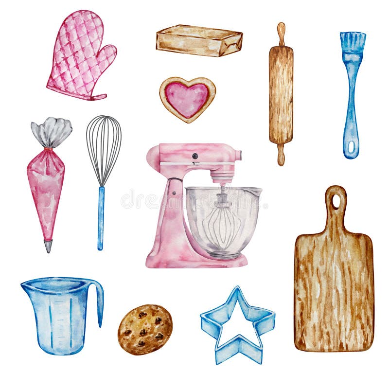 Watercolor Bakery Tools Cooking Set Stock Vector - Illustration of ...