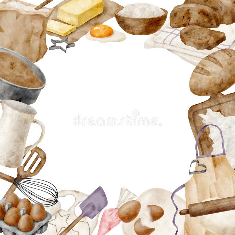 Watercolor Baking Tools and Ingredients Frame. Hand Drawn Square Border ...