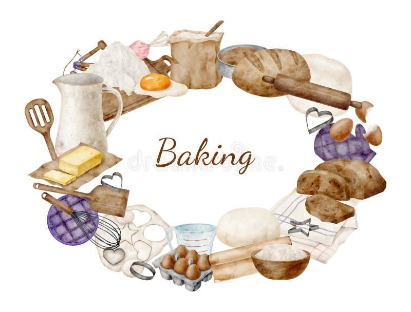 Watercolor Baking Tools and Ingredients Frame. Hand Drawn Square Border ...