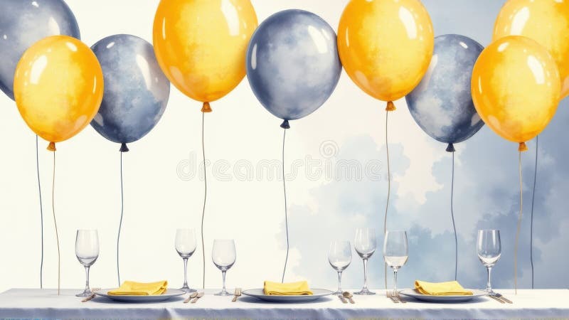 Watercolor Balloons and Table Setting with Copy Space Stock ...