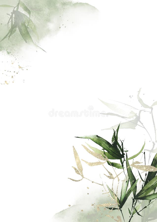Watercolor Bamboo Greenery Vertical Rectangular Frame. Green and Golden ...