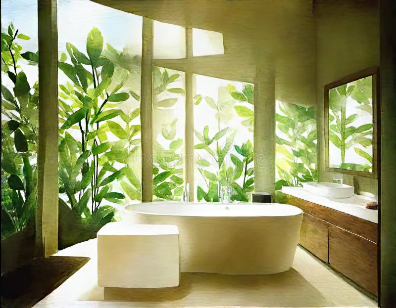 Watercolor of Bathroom Tropical Style Interior Design Stock ...