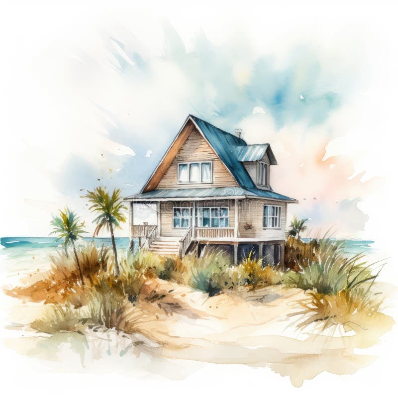 Watercolor Beach House on White Background for Invitations and Posters ...
