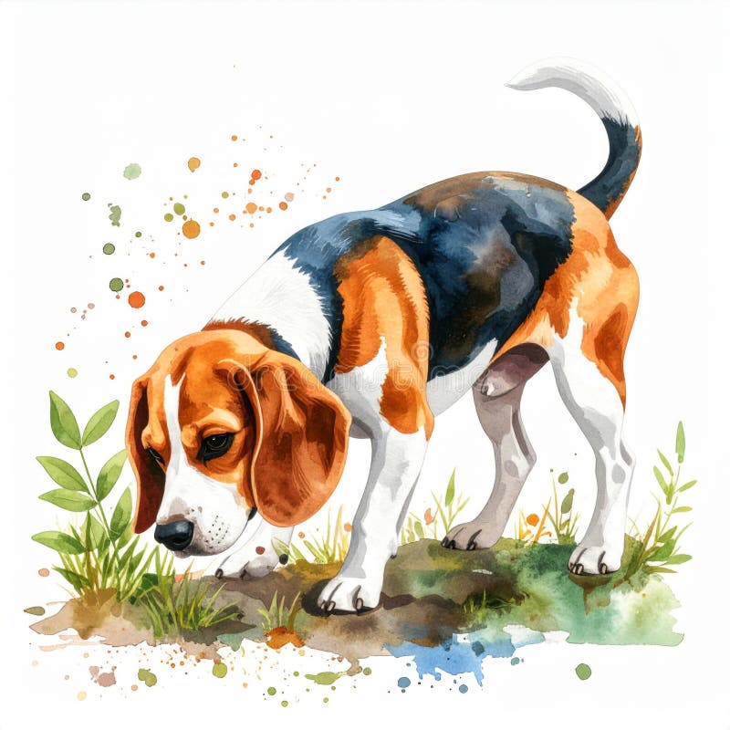 Watercolor Beagle Dog Sniffing Grass Stock Illustration - Illustration ...