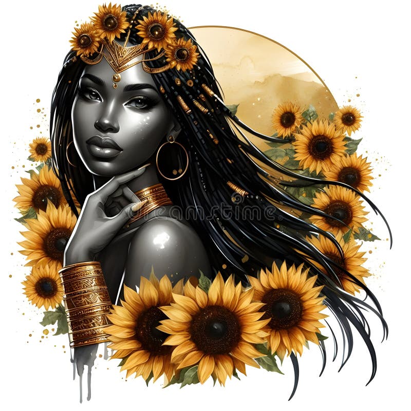 Watercolor A Beautiful African American Girl With Sunflowers Stock