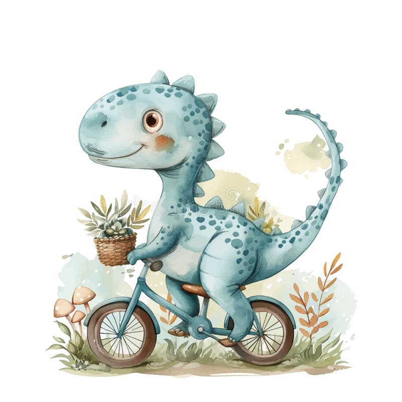Watercolor Beautiful Cute Dinosaurs on a Bicycle. Vector Illustration ...