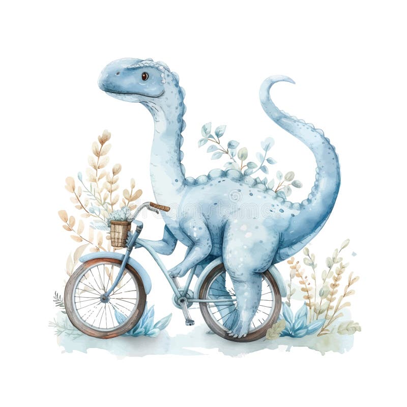 Watercolor Beautiful Cute Dinosaurs on a Bicycle. Vector Illustration ...