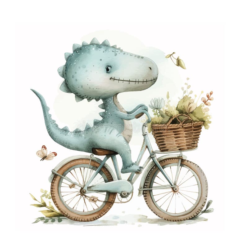 Watercolor Beautiful Cute Dinosaurs on a Bicycle. Vector Illustration ...