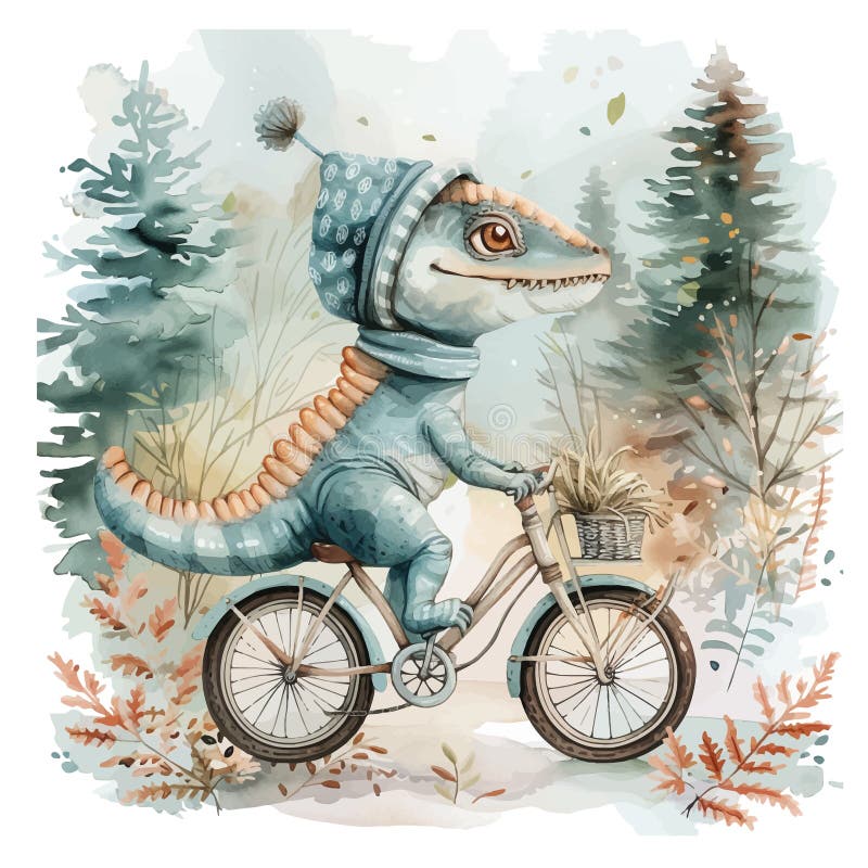 Watercolor Beautiful Cute Dinosaurs on a Bicycle. Vector Illustration ...