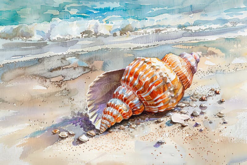 Watercolor of a Beautiful Shell at a Beach Stock Illustration ...