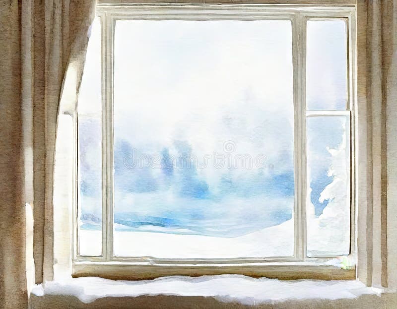 Watercolor of of a Bedroom Window with Snowy Layer Stock Illustration ...