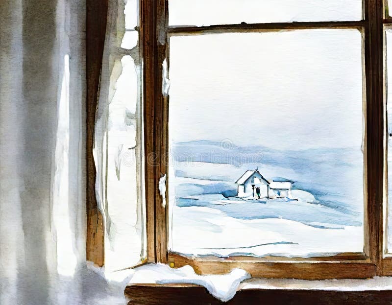 Watercolor of of a Bedroom Window with Snowy Layer Stock Illustration ...