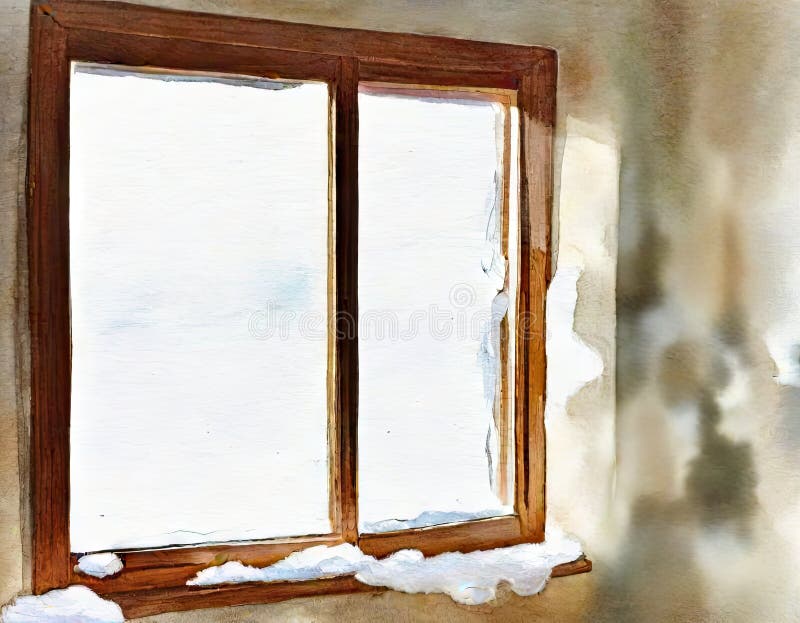 Watercolor of of a Bedroom Window with Snowy Layer Stock Illustration ...