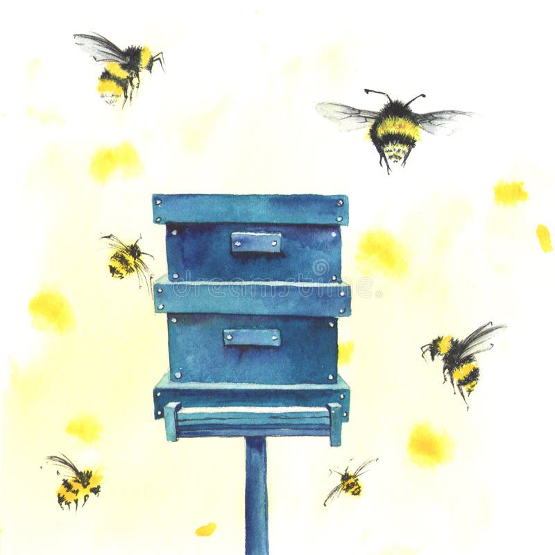 Watercolor Beehive and Bees Stock Illustration - Illustration of ...